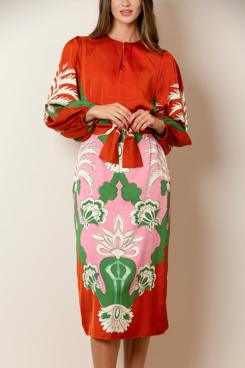 Printed Silk Dress with a Front Keyhole Opening In Persimmon/Pink ...
